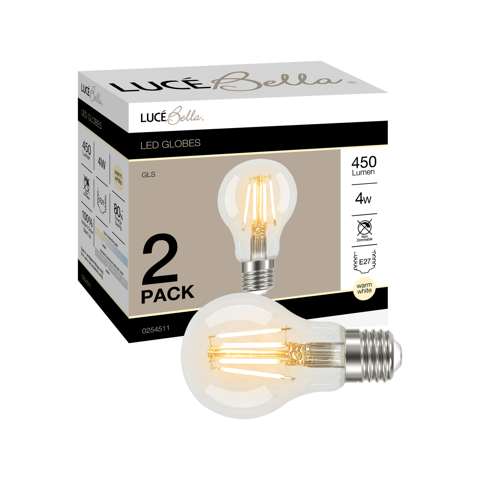 Luce Bella GLS Filament E27 LED 450lm Warm White 4W Globe - 2 Pack ...