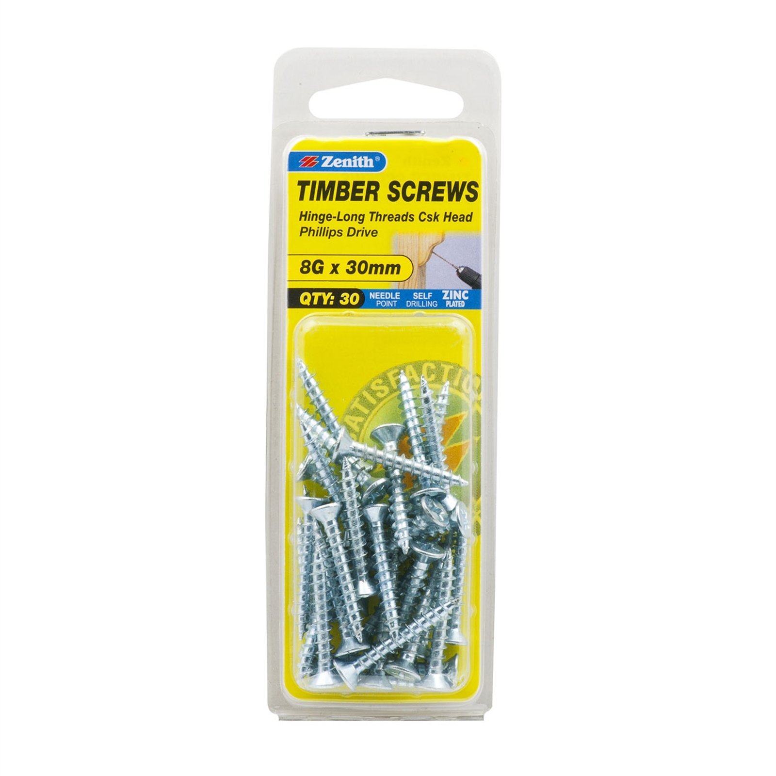 Zenith 8G x 30mm Zinc Plated Hinge-Long Threads Countersunk Head Timber ...