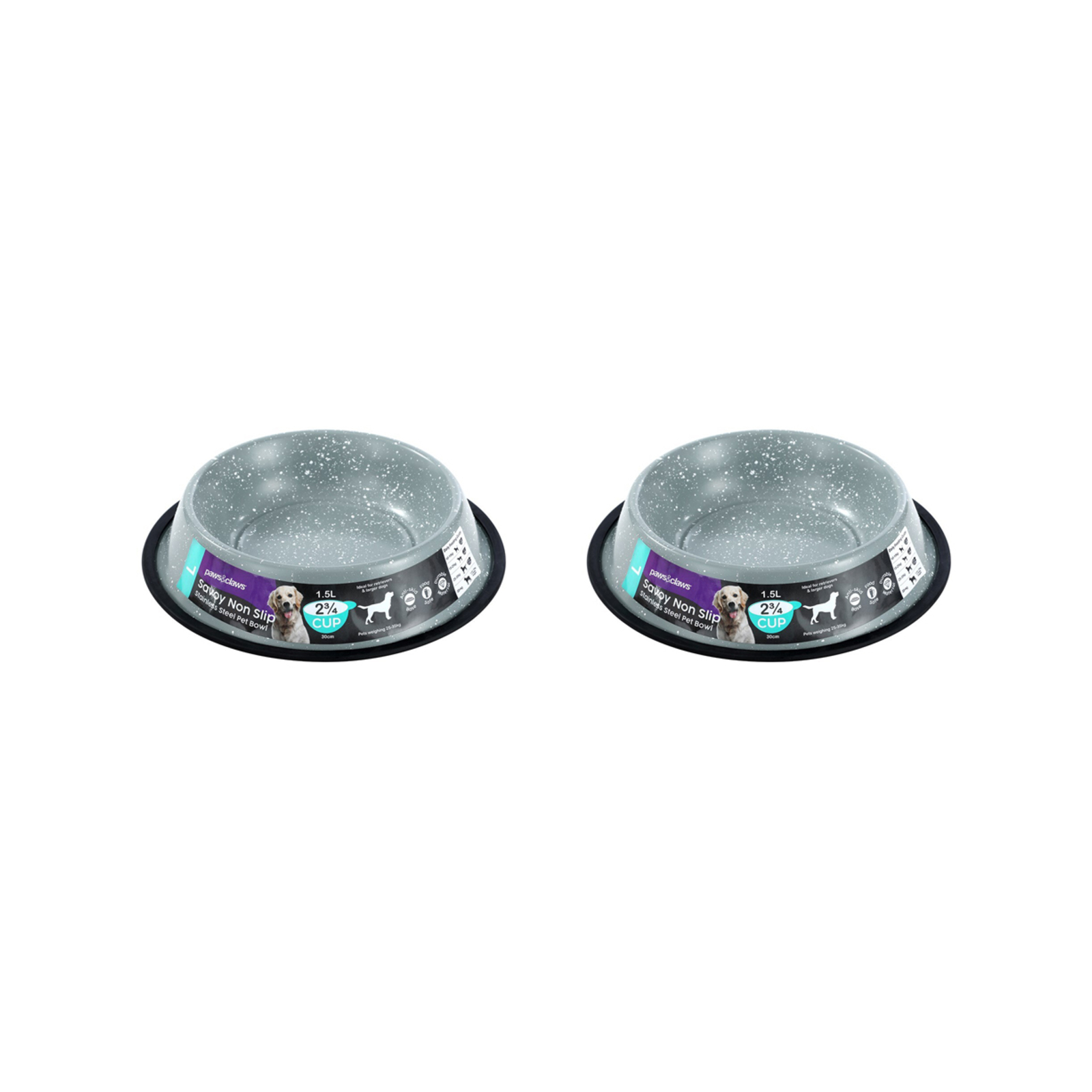 2x Paws & Claws Savoy 1.5L/29cm Non-Slip Stainless Steel Pet Bowl - Grey - Bunnings Australia