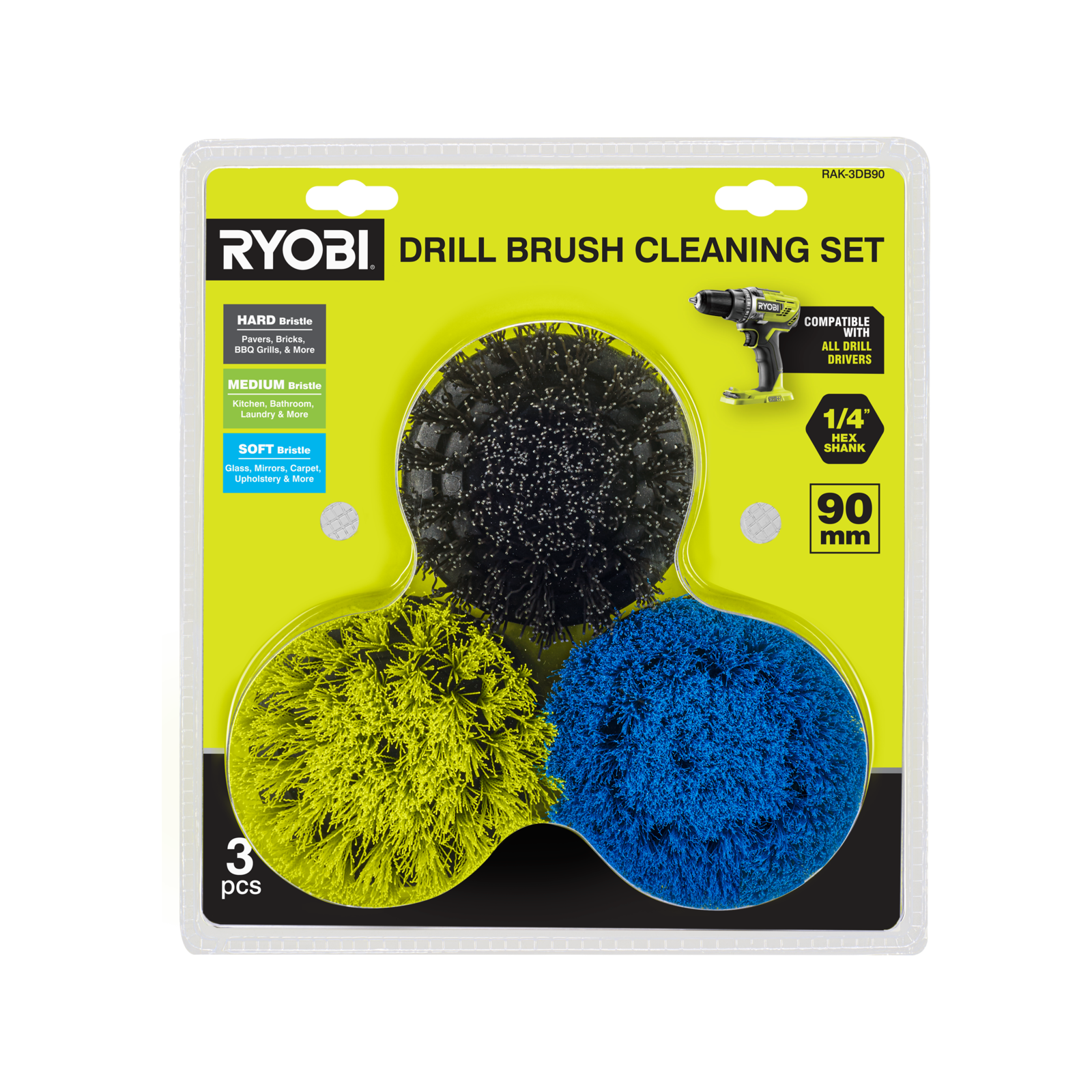 Ryobi Hex Shank Drill Brush Cleaning Set - 3 Piece - Bunnings Australia